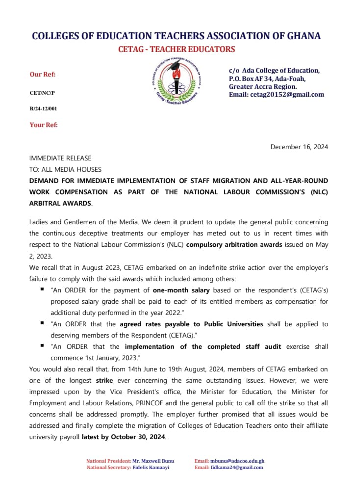 CETAG threatens another strike over non-payment of Compulsory ...